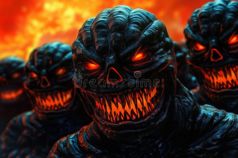 Scary Demons Showing Teeth Emerging from Burning Hell Stock Image ...