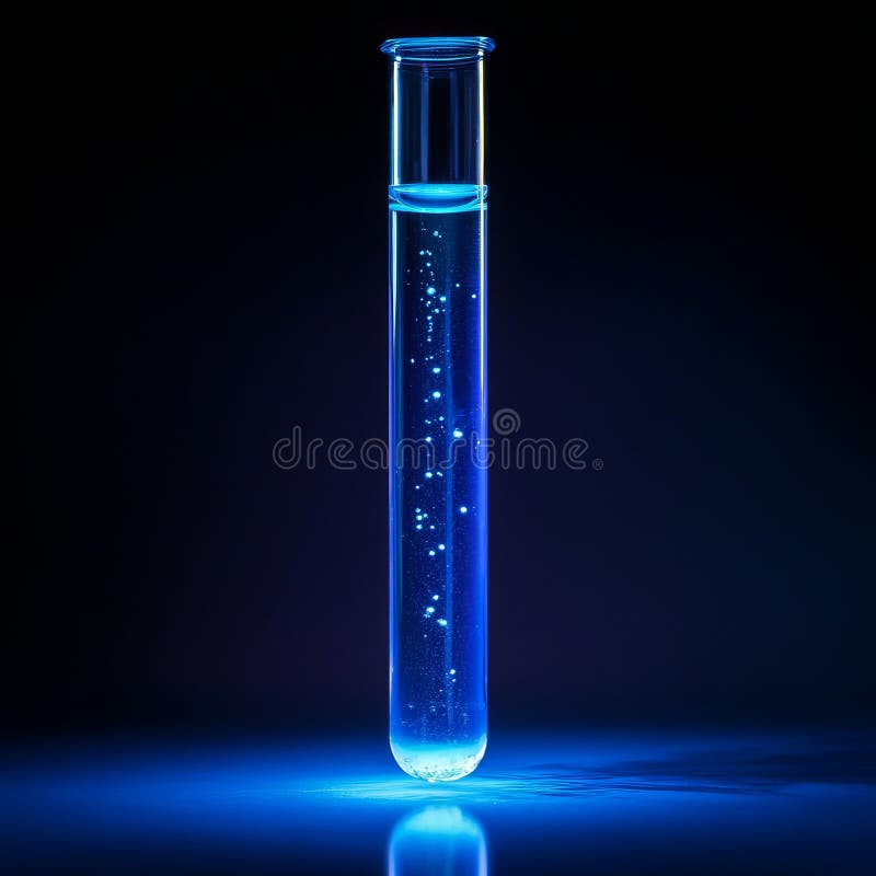 Glowing Test Tube with Blue Liquid and Bubbles in Dark Laboratory ...