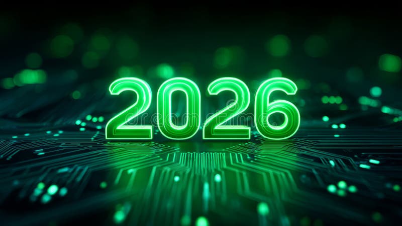 Glowing 2026 Text on Futuristic Circuit Board Stock Photo - Image of network, system: 383235784