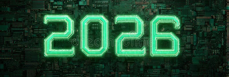 Glowing 2026 Text on Futuristic Circuit Board Stock Image - Image of ...