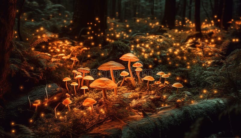 Glowing Toadstool Illuminated in Dark Forest Close Up Generated by AI ...