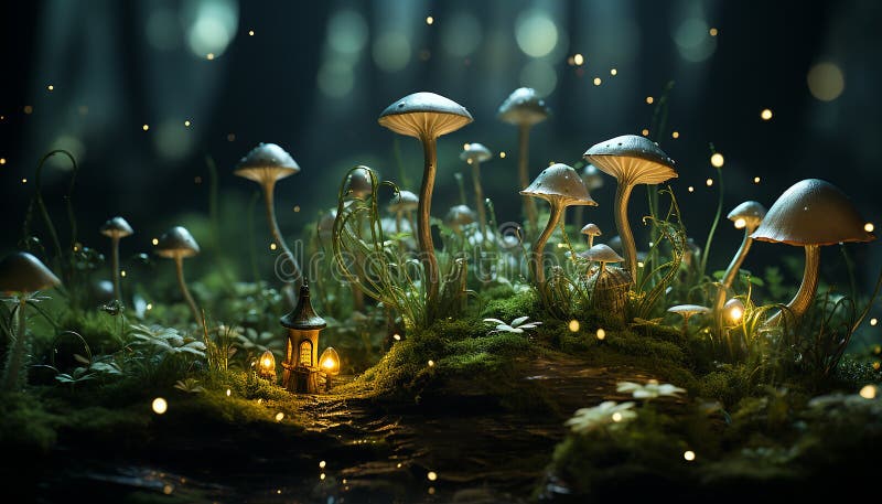 The Glowing Toadstool Illuminates the Dark Forest in Autumn Generated ...