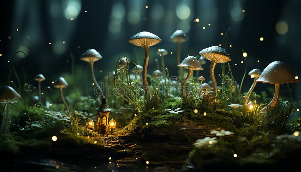 The Glowing Toadstool Illuminates the Dark Forest in Autumn Generated ...