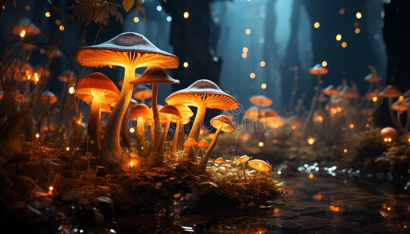 The Glowing Toadstool Illuminates the Dark Forest in Autumn Generated ...
