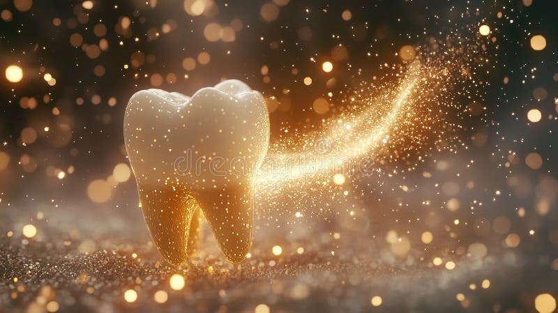 Glowing Tooth Surrounded by Golden Sparkles in Abstract Light Setting ...