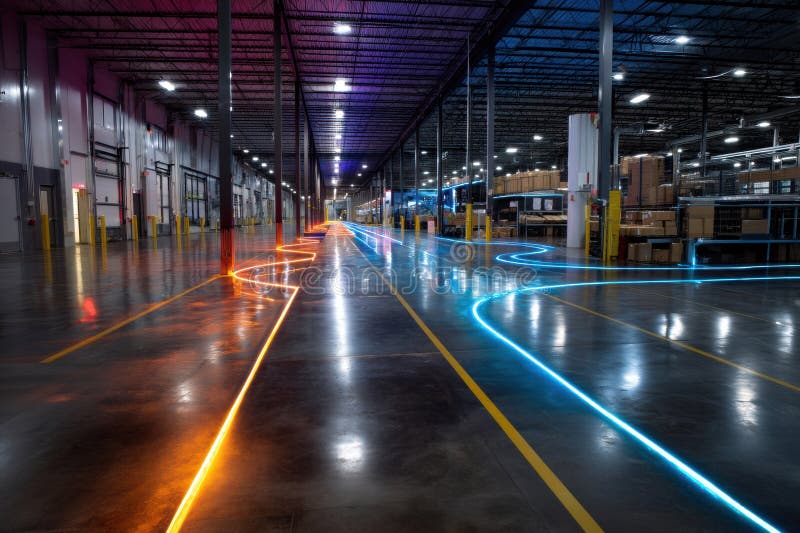 Automated Package Tracks Illuminate Modern Warehouse Floor with Vibrant ...