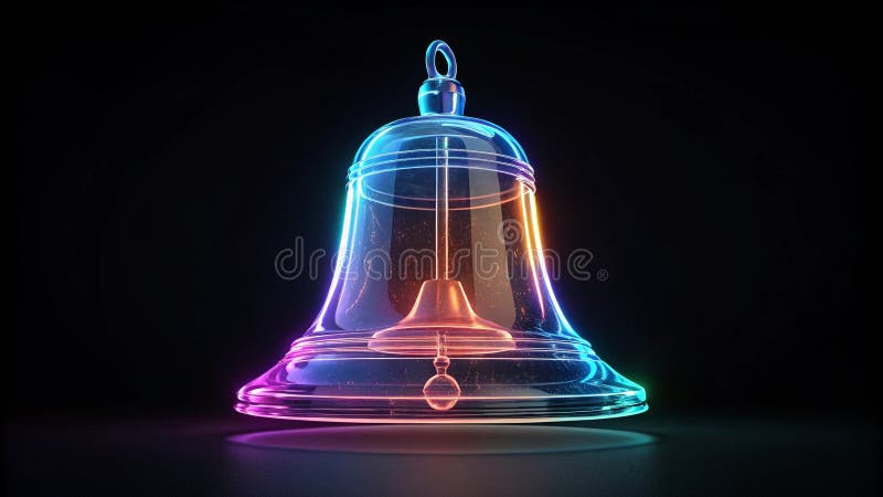 Glowing Translucent Bell with Colorful Neon Lights on a Dark Reflective ...