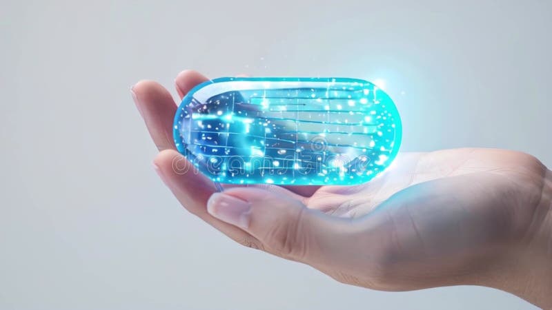 A Glowing, Translucent Blue Capsule Held in an Open Hand, Emitting a ...