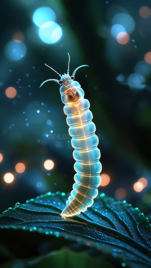 A Glowing, Translucent Caterpillar or Worm is Poised on a Dewdrop ...