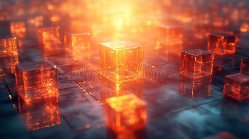 Glowing Translucent Cubes on Dark Grid Surface with Warm Lighting ...