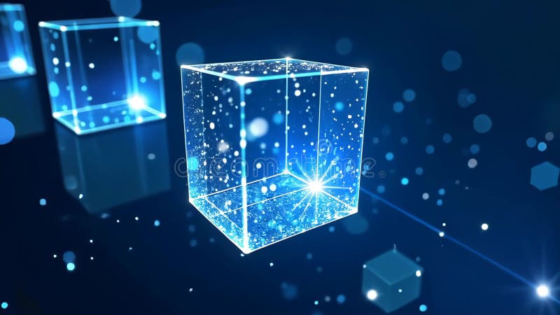 Glowing Translucent Cubes Float in a Dark Blue Digital Space Filled ...