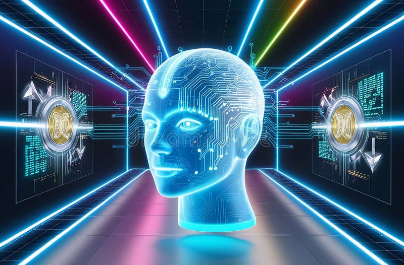 A Glowing, Translucent Digital Head with Blue Circuits, Set Against a ...