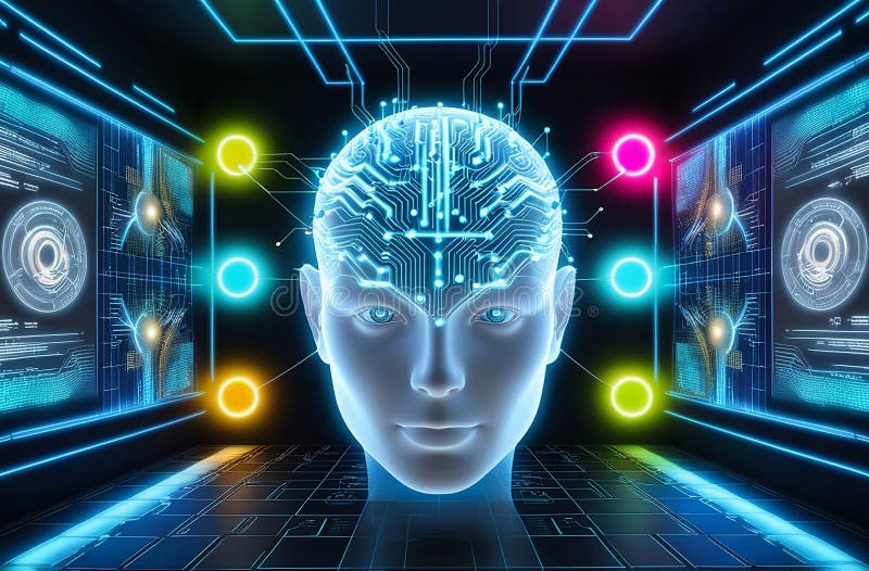 A Glowing, Translucent Digital Head with Blue Circuits, Set Against a ...