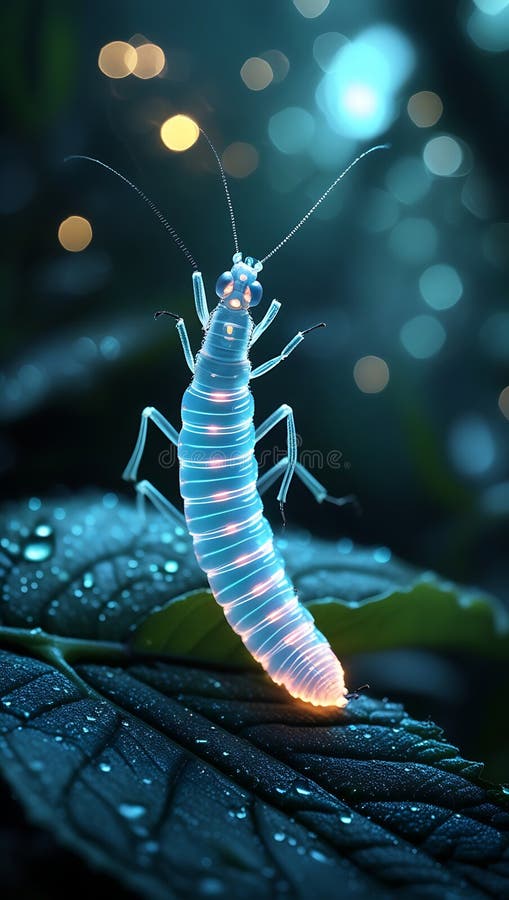 A Glowing Translucent Insect Stands on a Dew-covered Leaf Against a ...