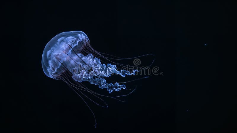 Glowing Translucent Jellyfish Over Black Deep Ocean Water Background ...