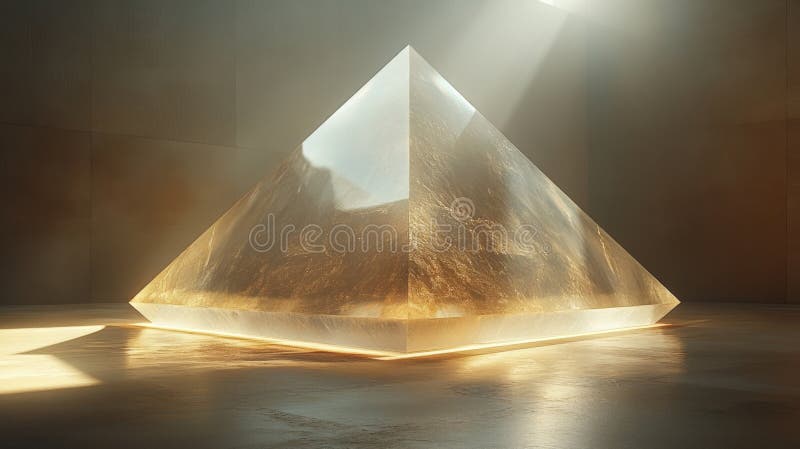 A Glowing Translucent Pyramid Emits Light in an Ancient Stone Chamber ...