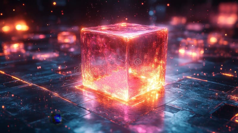 Glowing Transparent Cube in a High-Tech Abstract Digital Environment ...