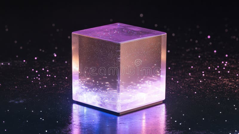 Glowing Transparent Cube with Interstellar Particles on Dark Surface ...