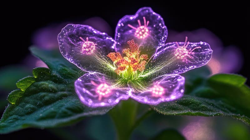 Glowing Transparent Flower with Luminescent Petals and Leaves Stock ...
