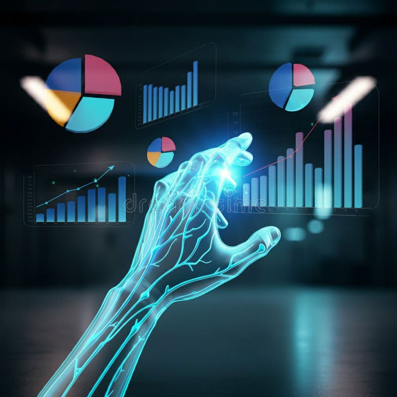 A Glowing, Transparent Hand Outlined in Blue Light Interacts with ...