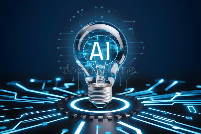 Glowing Transparent Light Bulb with AI Inside, Surrounded by Blue ...