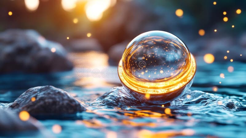 A Glowing Transparent Orb Floating Over Water Surface at Sunset Stock ...