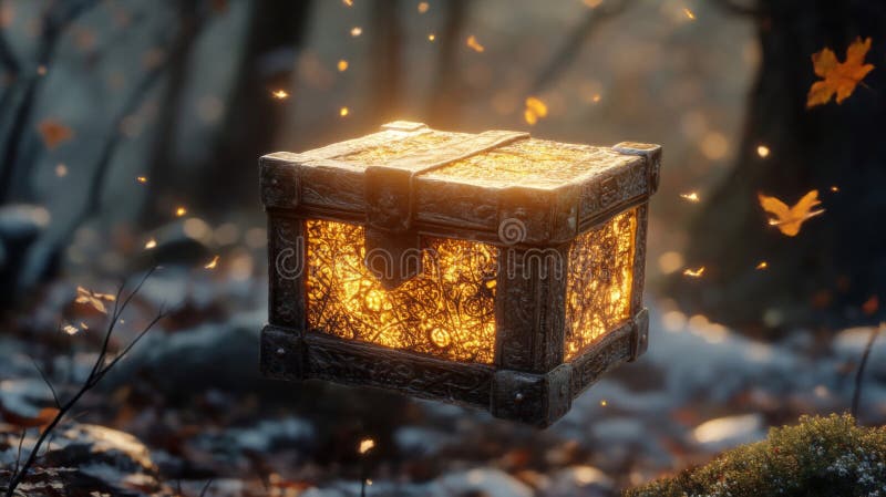 Glowing Treasure Chest in a Mystical Forest Setting with Falling Leaves ...