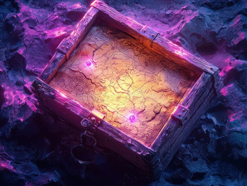 Glowing Treasure Map Inside a Chest on Dark Surface Stock Illustration ...