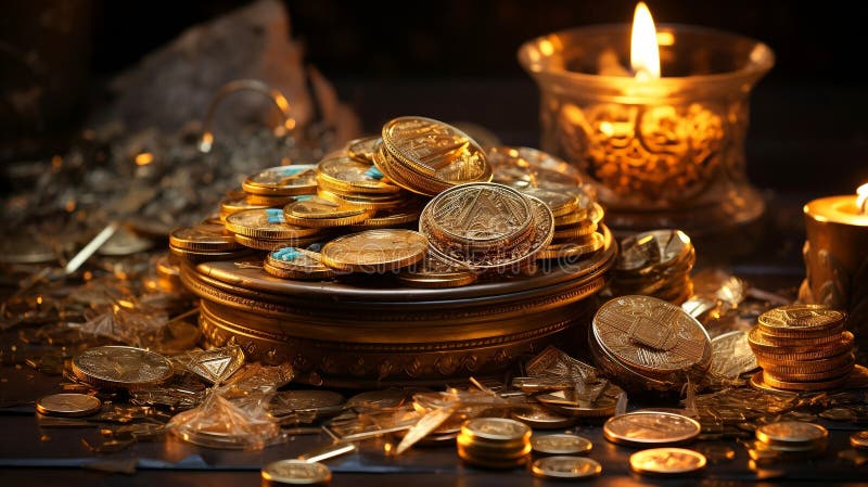 Glowing Treasure in a Room with Piles of Gold. Old Open Steampunk ...