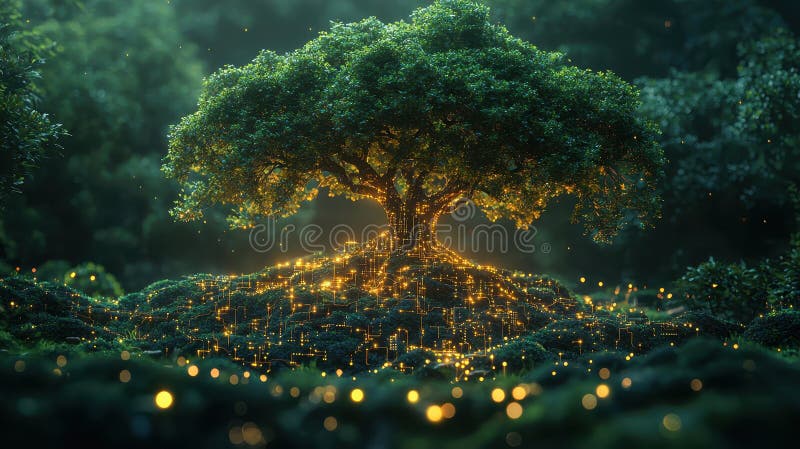 Glowing Tree that Blends with Digital Circuitry in the Background Stock ...