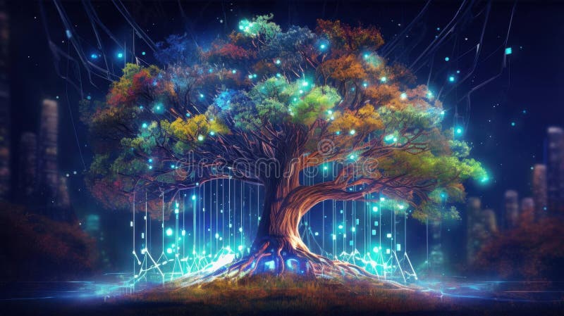 Glowing Tree with Blue Lights and Digital Vines Stock Illustration ...
