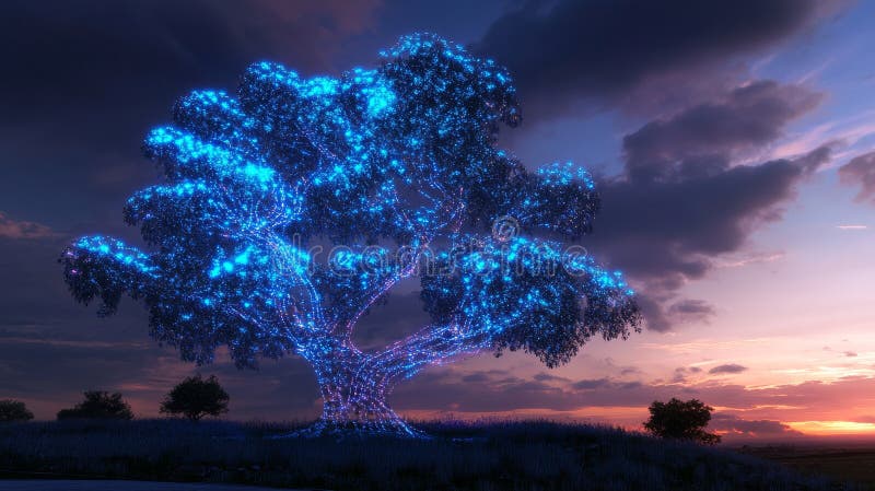 Glowing Tree with Blue Lights at Sunset, Artistic Fantasy Scene Stock ...