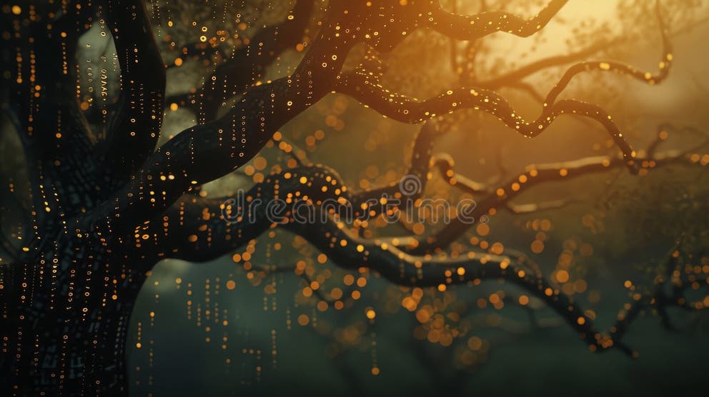 Glowing Tree Branches with Golden Lights at Twilight Stock Illustration ...