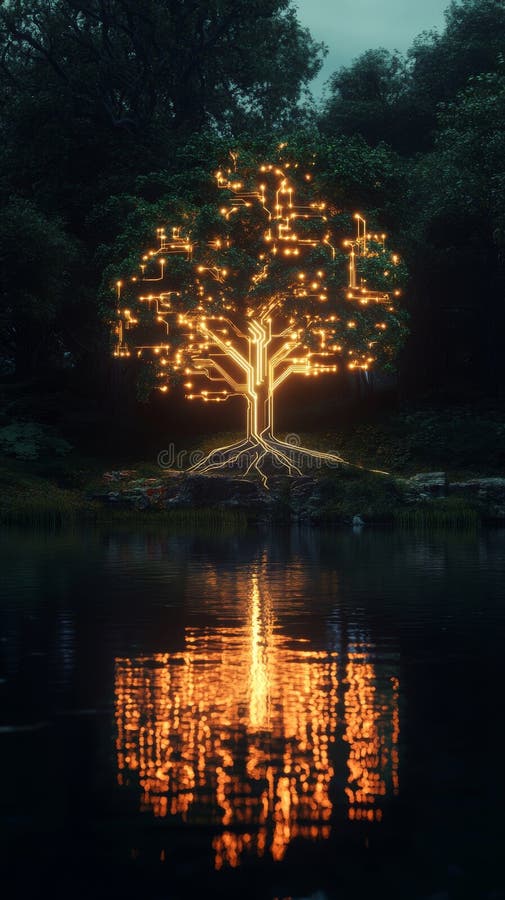 Glowing Tree with Circuit Branches Reflected in Water, Digital Art ...