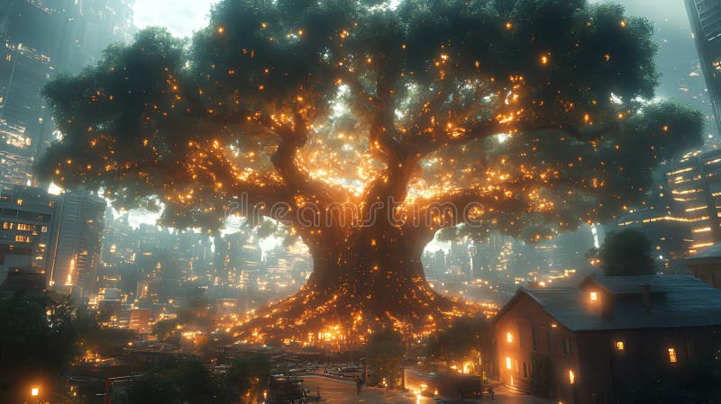 Glowing Tree Cityscape Night Fantasy Artwork Stock Illustration ...