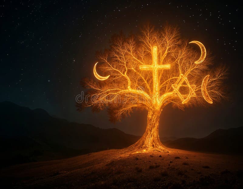 A Glowing Tree with a Cross and Crescents with Star of David on it is ...