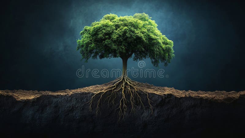 Glowing Tree with Digital Neuron Roots on a Dark Background, a ...