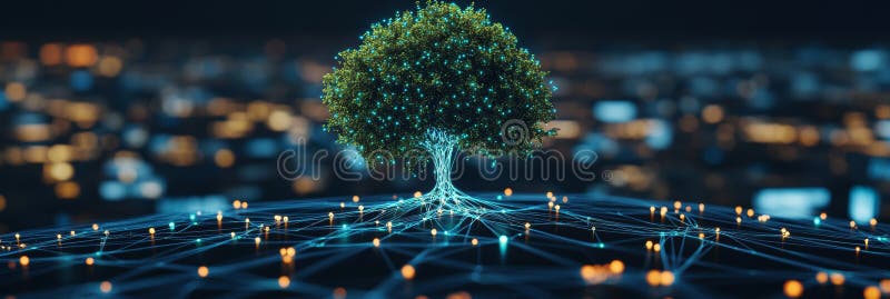Glowing Tree with Digital Roots Connected on a Network Above a ...