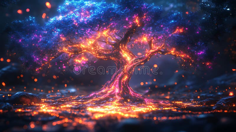 Glowing Tree with Fiery Base and Blue, Purple, and Orange Particles ...