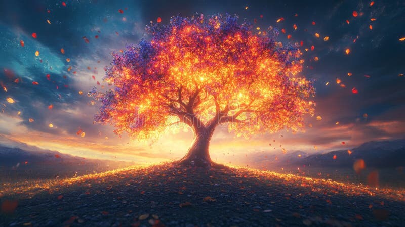 Glowing Tree with Fire Leaves at Sunset Stock Illustration ...