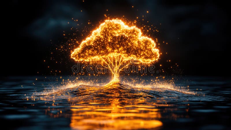 Glowing Tree of Fire Sparkling Over Water at Night Stock Image - Image ...