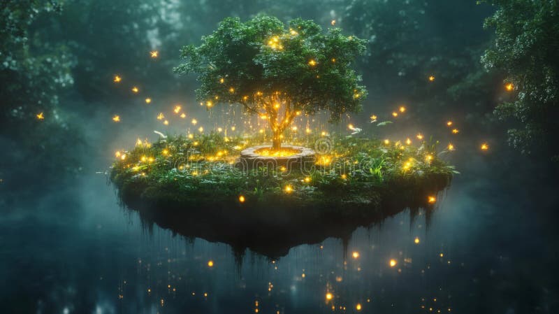 Glowing Tree on a Floating Island in a Dark Forest Stock Illustration - Illustration of surreal ...