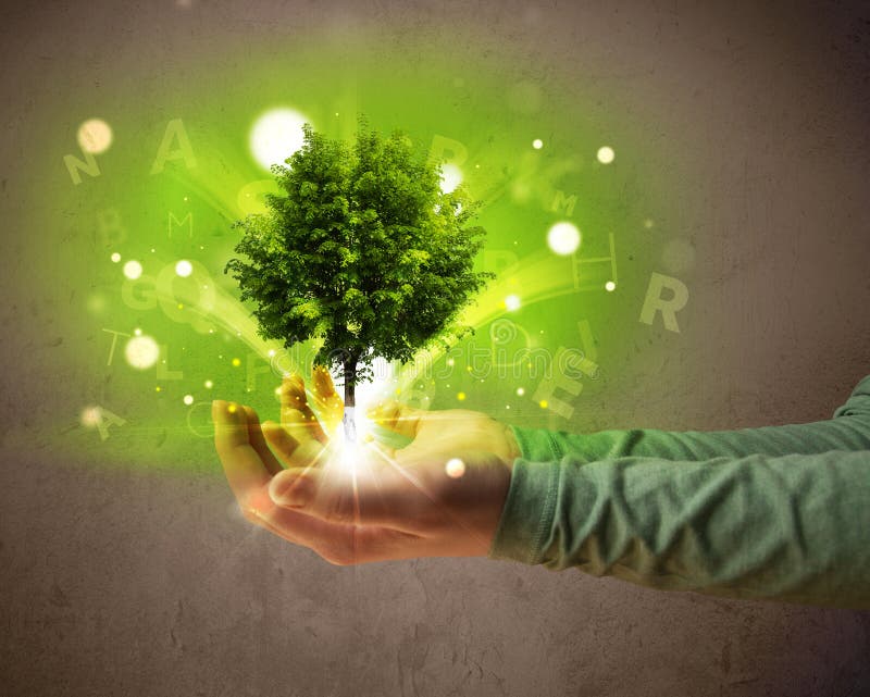 Glowing Tree Growing in the Hand of a Woman Stock Image - Image of ...