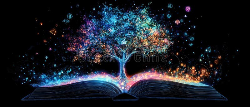 GLOWING TREE GROWING from OPEN BOOK, SURROUNDED by MAGICAL PARTICLES ...