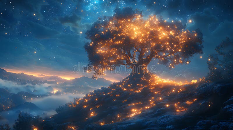 Glowing Tree on a Hilltop at Night, Magical Fantasy Landscape Stock ...