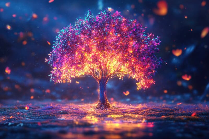 Glowing Tree Illuminates the Night with Vibrant Colors and Falling ...