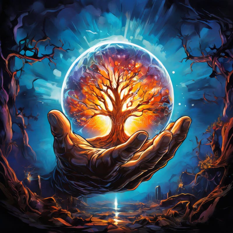 Glowing Tree Inside a Glass Orb Held by Hands in a Fantasy Setting ...