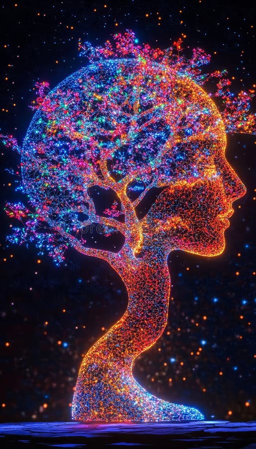 Glowing Tree of Knowledge Embodied in a Human Head Silhouette, Abstract ...