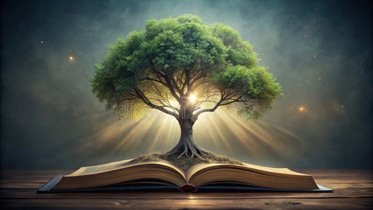 A Glowing Tree of Knowledge Sprouting from an Open Book, Illuminated by ...