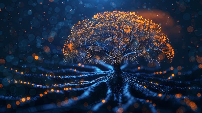 Glowing Tree of Life on Blue Background, Branches are Connected by ...